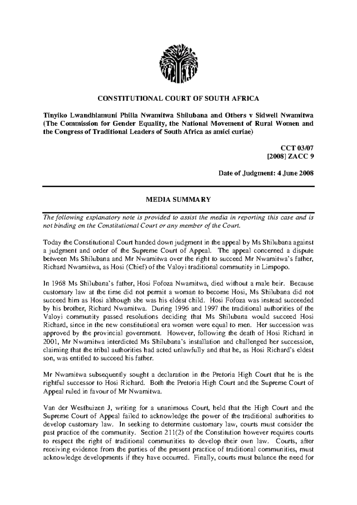 Shilubana v Nwamitwa: Constitutional Case Summary CCT 03/2008 - Studocu