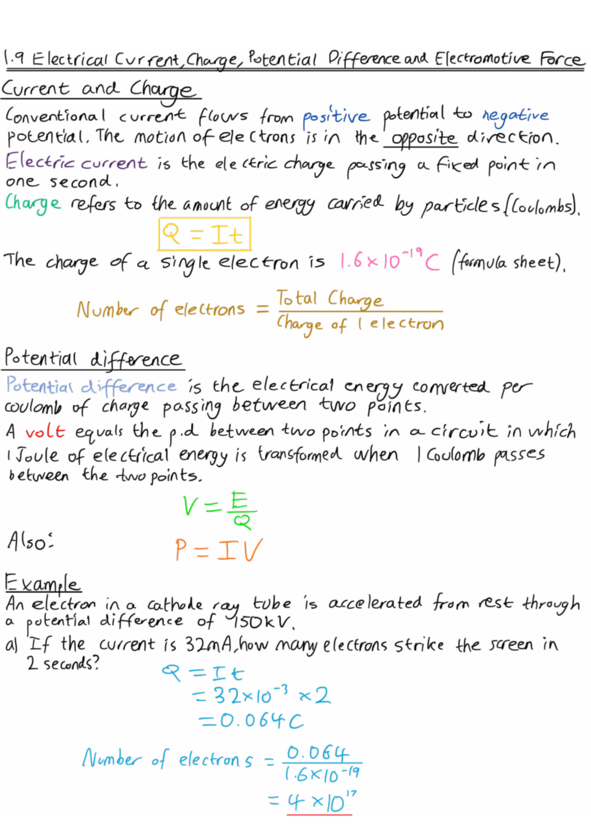 Notes 1.9: Electrical Current, Charge, and Potential Difference - Studocu