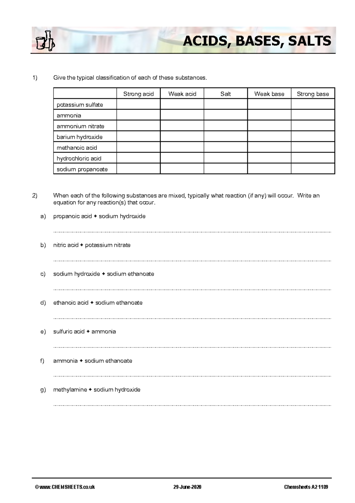 Chemsheets A2 1189 Acids bases salts - © CHEMSHEETS.co 29 - June- 2020 ...