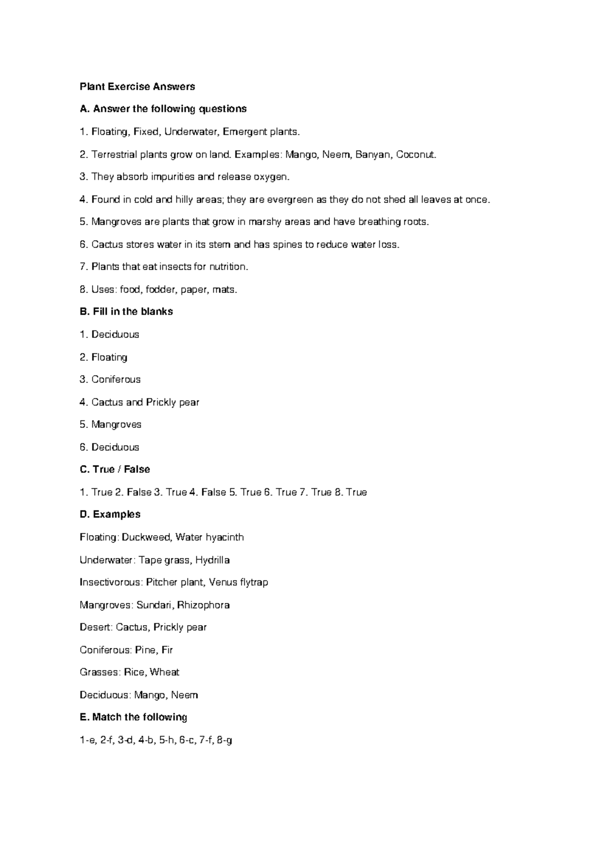 Plant Exercise Answers: Types and Characteristics of Plants - Studocu