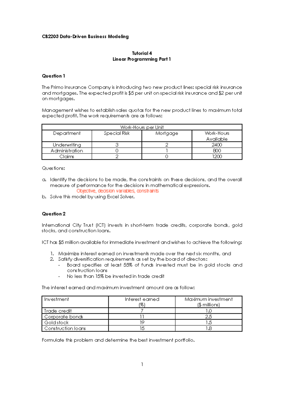 Tutorial 4 LP Part I - CB2203 Data-Driven Business Modeling 1 Tutorial ...