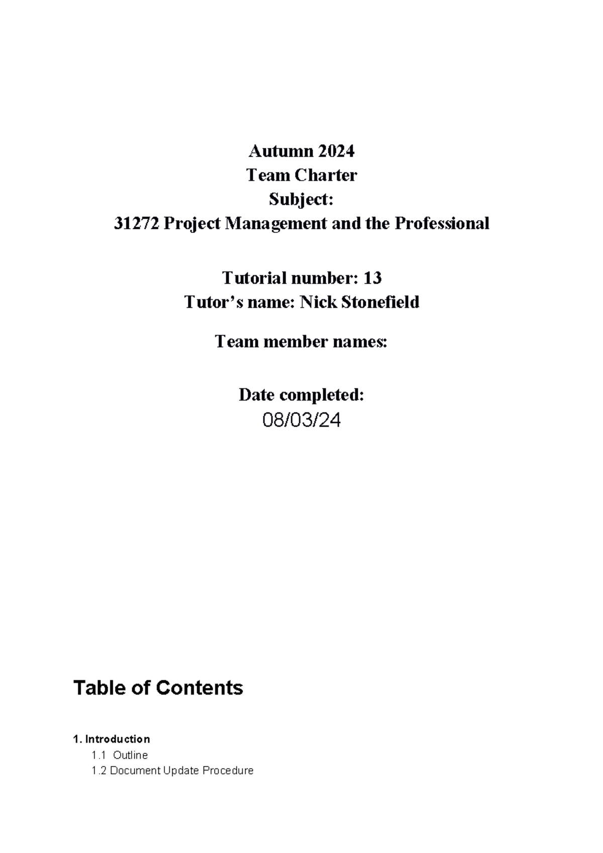 Team Charter for Project Management (31272) - Autumn 2024 - Studocu