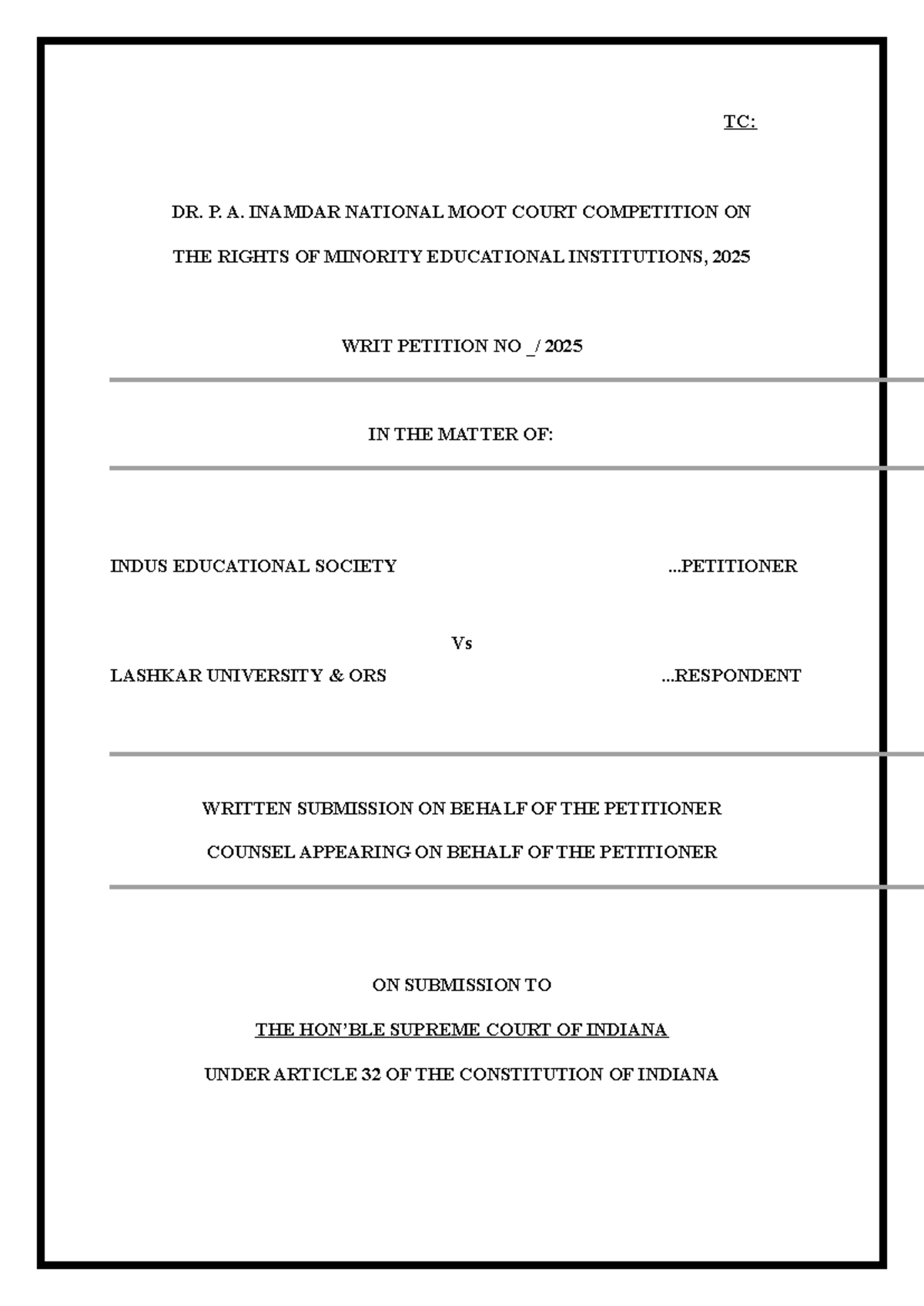 TC: Written Submission for Dr. P. A. Inamdar National Moot Court 2025 ...