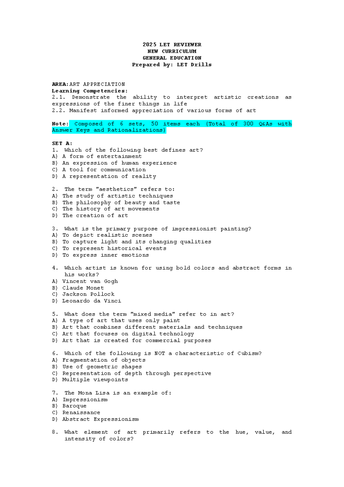 2025 LET REVIEWER: ART APPRECIATION GENERAL EDUCATION - Studocu