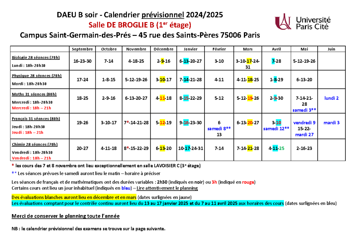 Calendrier Prévisionnel DAEU B 2024-2025 - Cours et Évaluations - Studocu