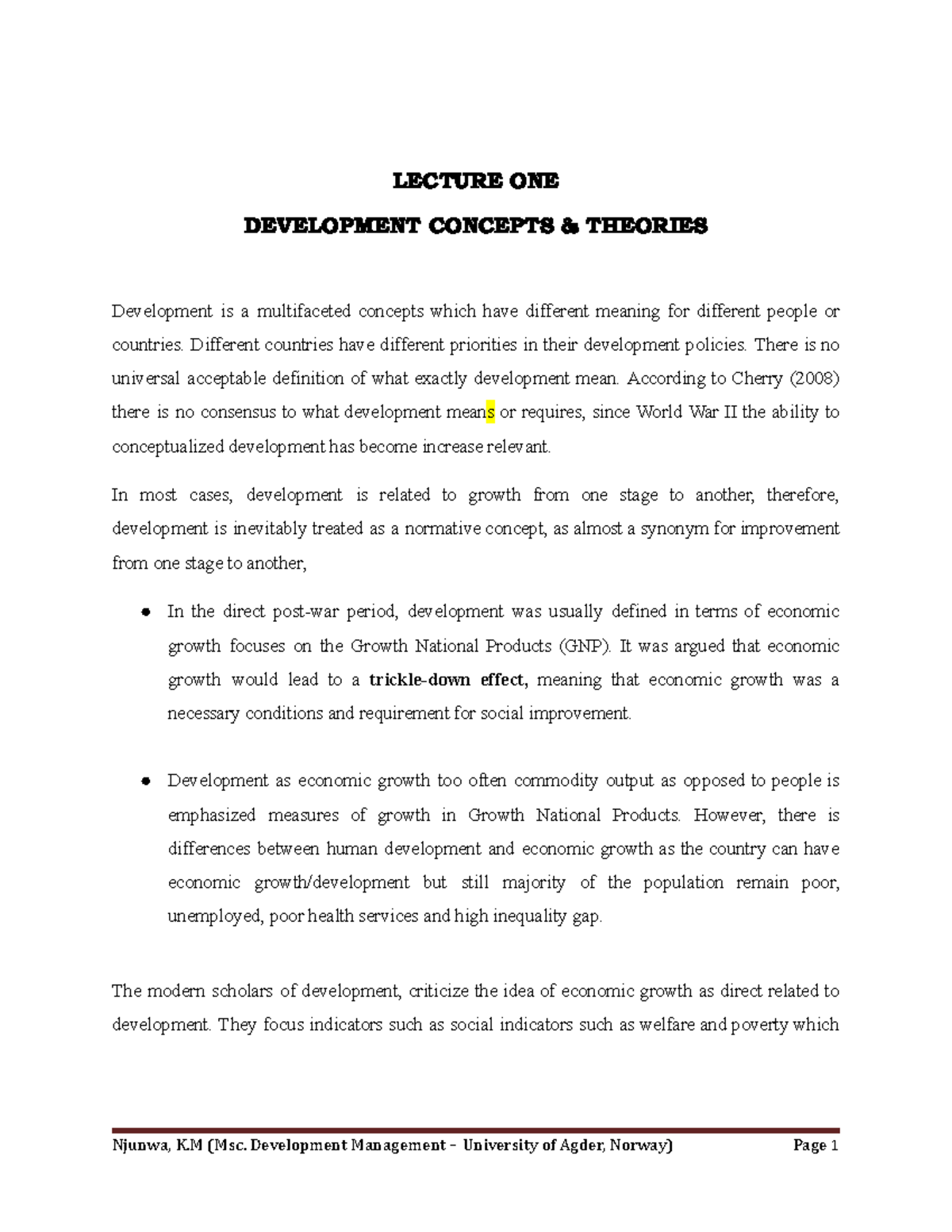 Development Studies LECTURE 1: Concepts and Theories of Development ...