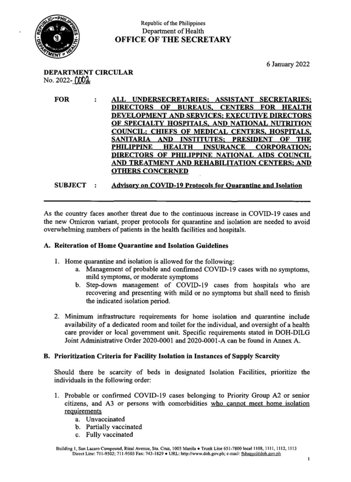 DOH Dept Circular on Quarantine and Isolation 2021 0002 ...