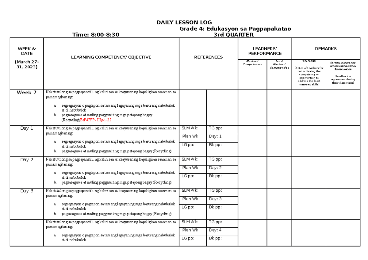 1 - STUDY - DAILY LESSON LOG Grade 4: Edukasyon sa Pagpapakatao Time: 8 ...
