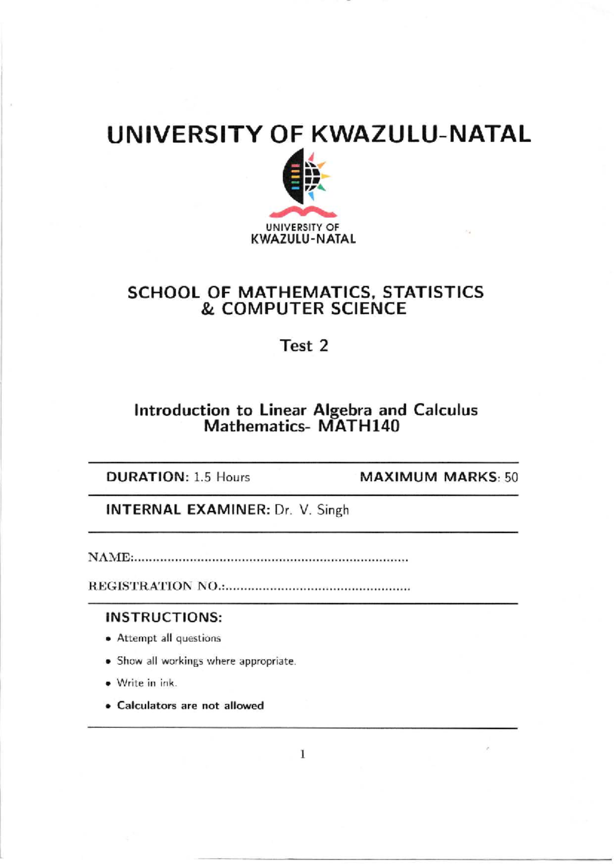 MATH 140 Test 2 Solutions: Linear Algebra & Calculus Insights - Studocu