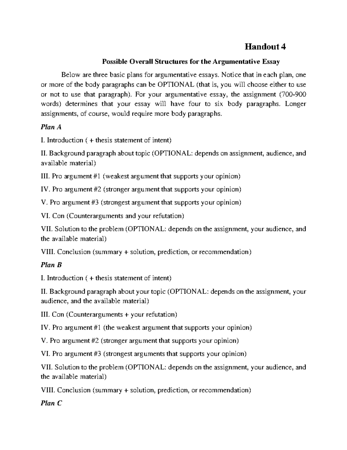 Unit 12 - HO 4 - Plans for Argumentative Essay Structures - Studocu