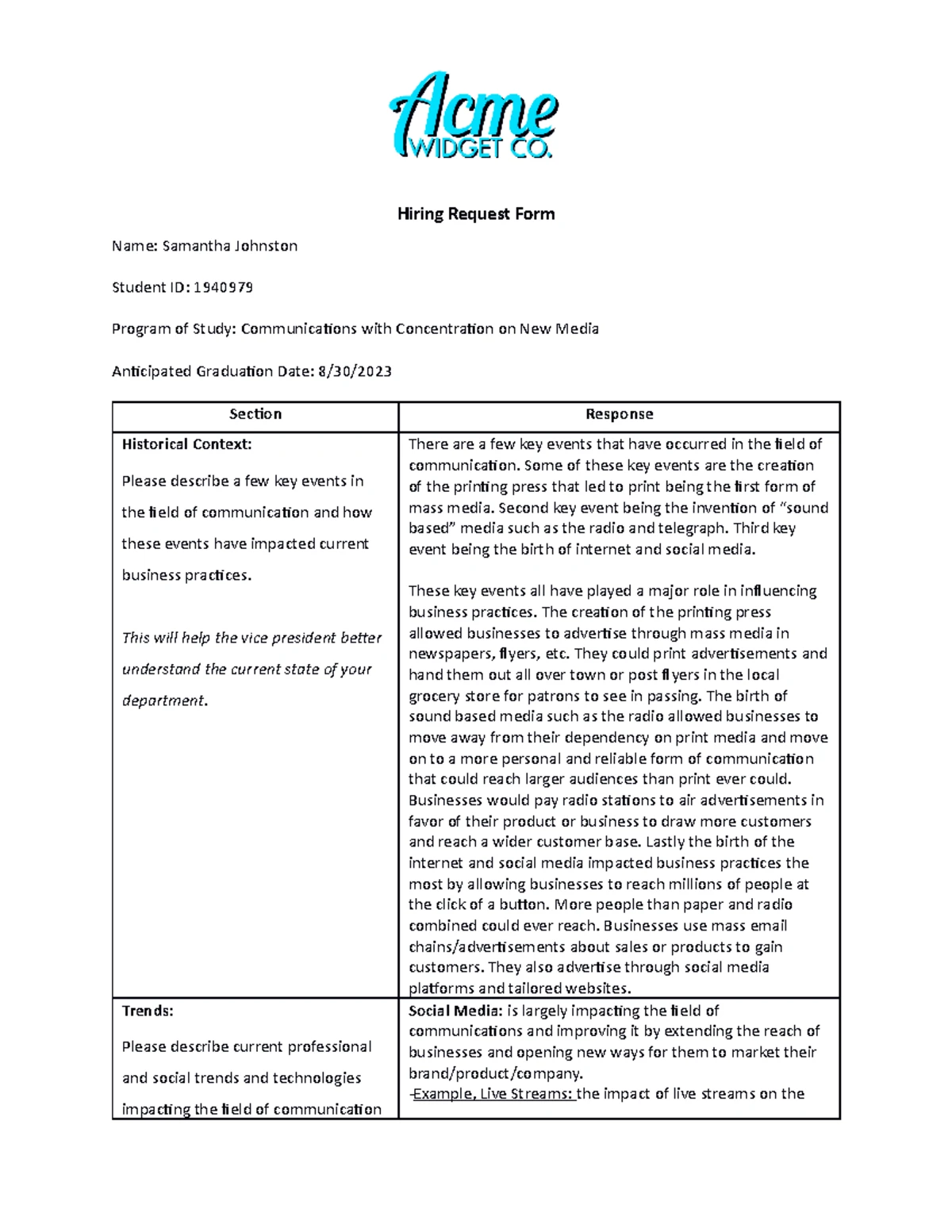 Hiring Request Form: Analyzing Communication Trends & Roles - Studocu