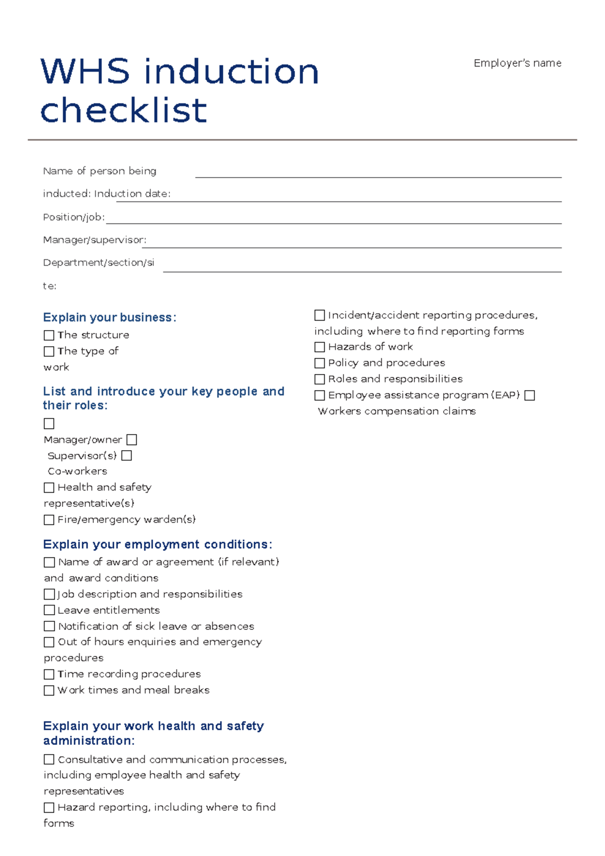 WHS Induction Checklist: Key Info & Procedures for New Employees - Studocu