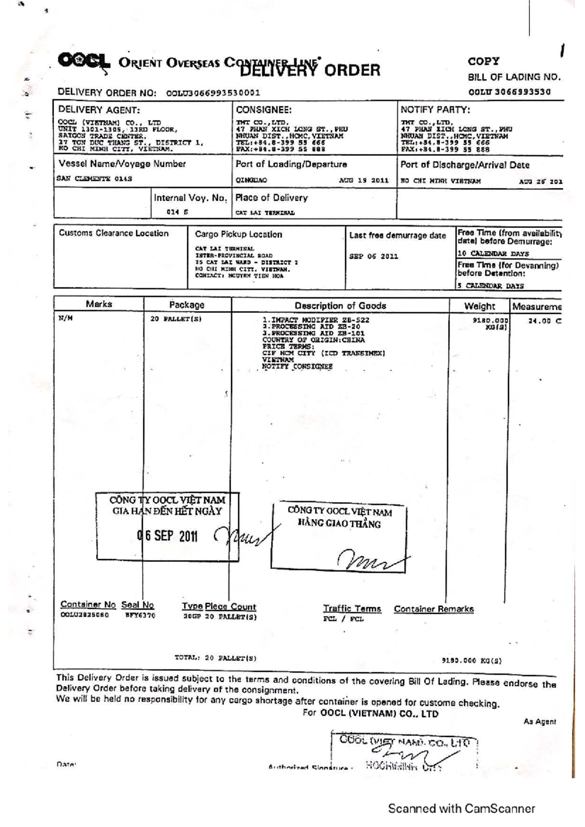 OOCL Delivery Order Copy - Bill of Lading No. OOLU 3066993530 - Studocu