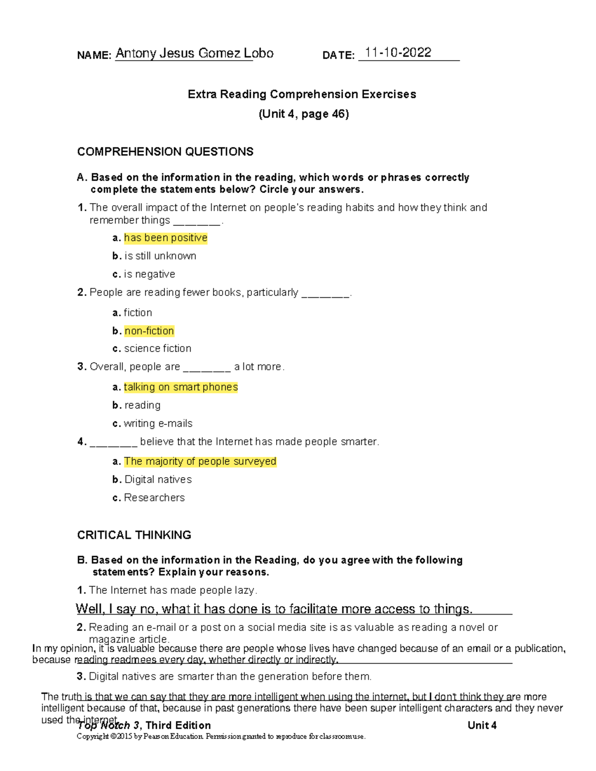 Unit 4 Reading Comprehension - NAME: DATE: 鈀 鈀 鈀 Extra Reading ...