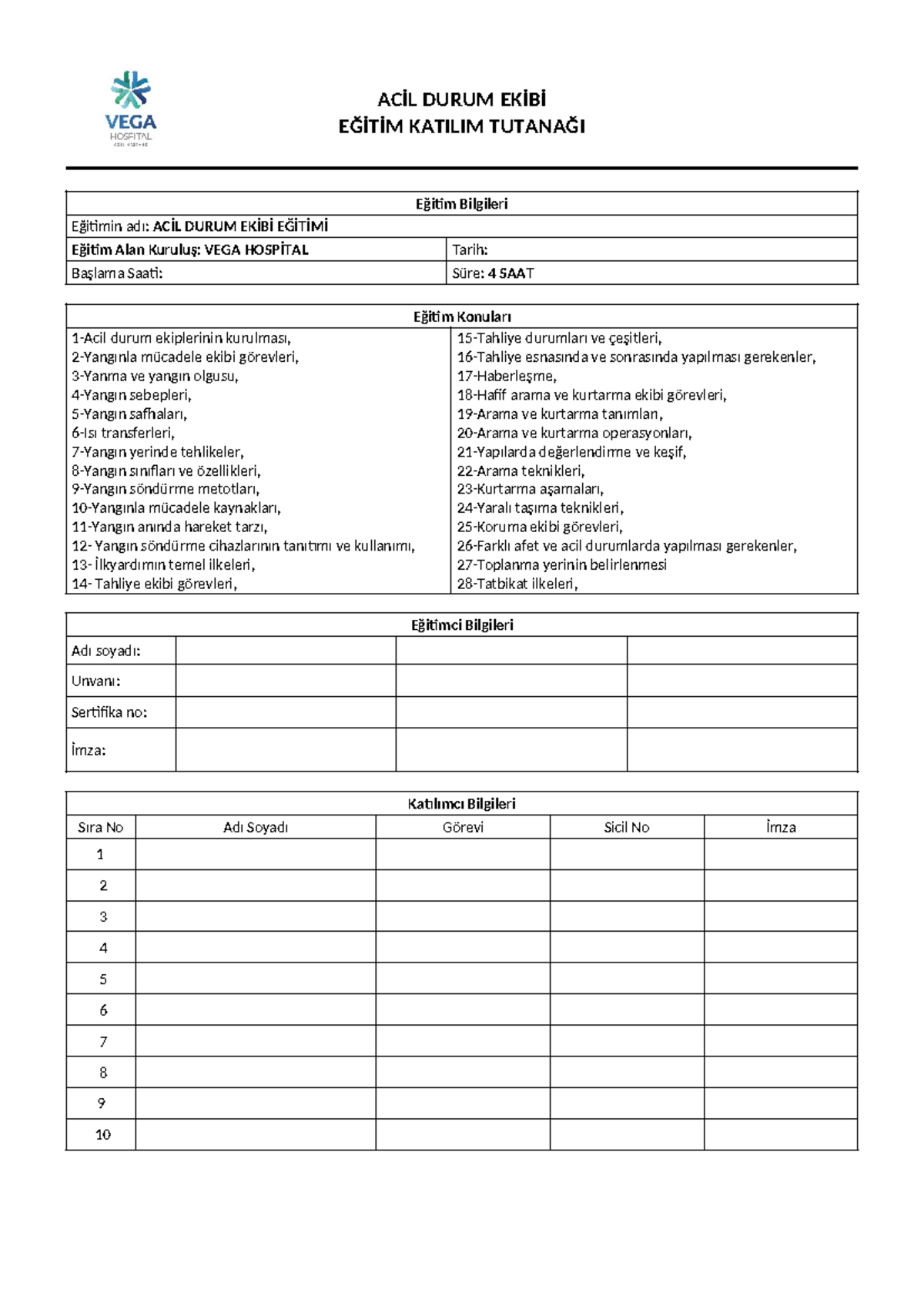 ACİL DURUM EKİBİ EĞİTİMİ KATILIM TUTANAĞI - VEGA HOSPİTAL - Studocu