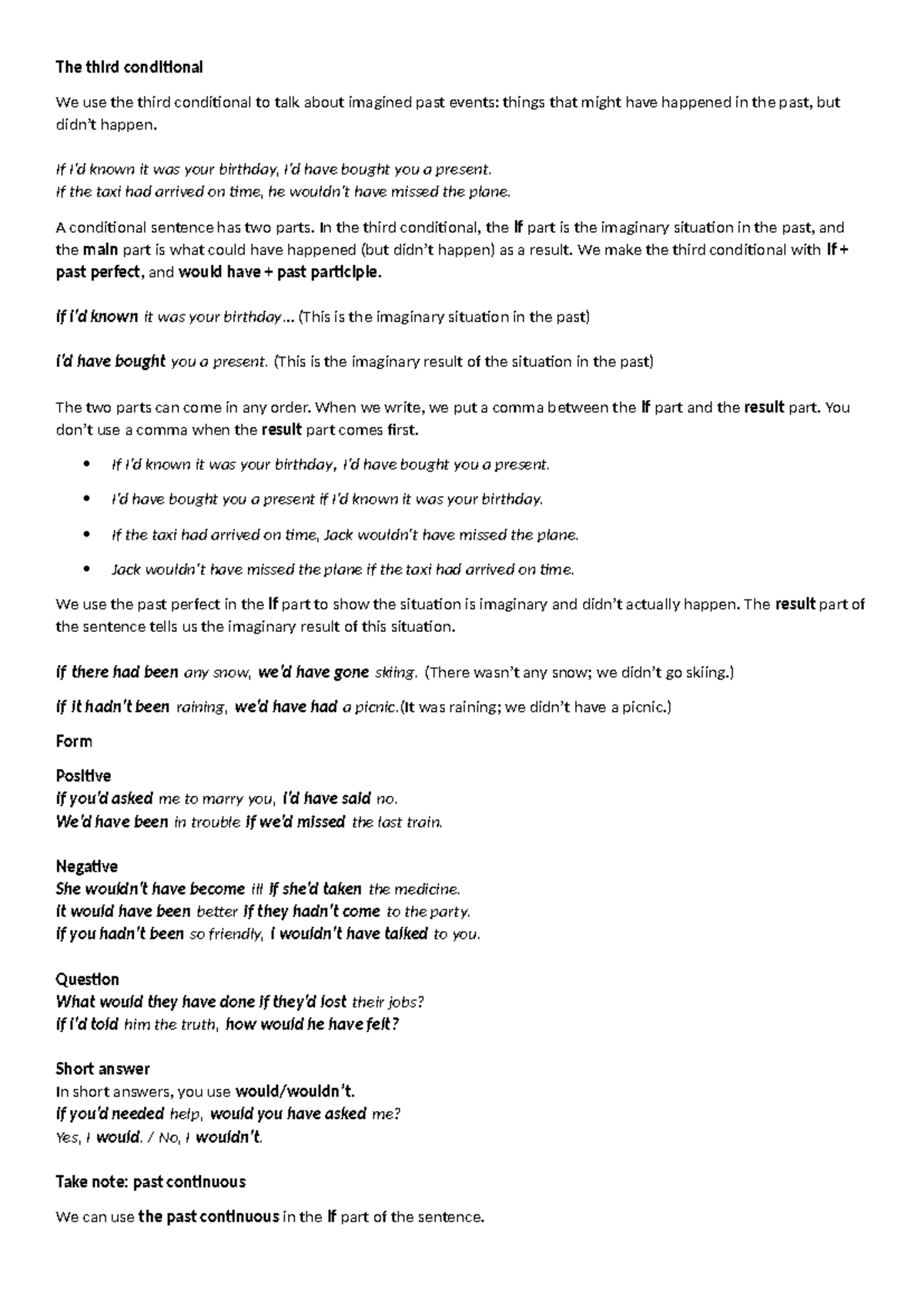 The Third Conditional - Practica Notes for English Grammar - Studocu
