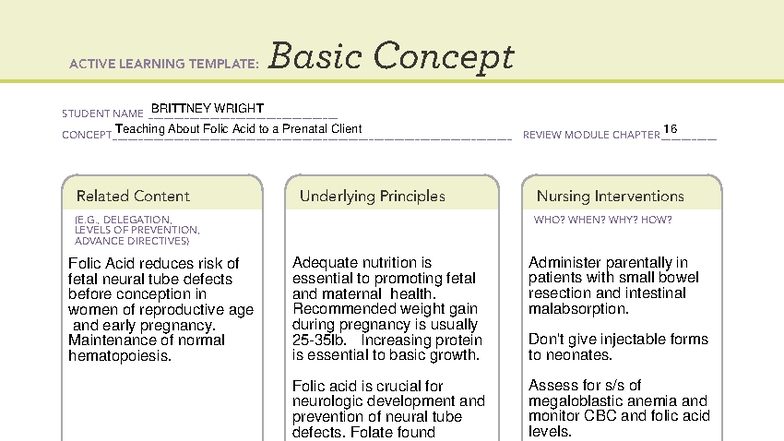 ACTIVE LEARNING TEMPLATE: Folic Acid Education for Prenatal Clients ...