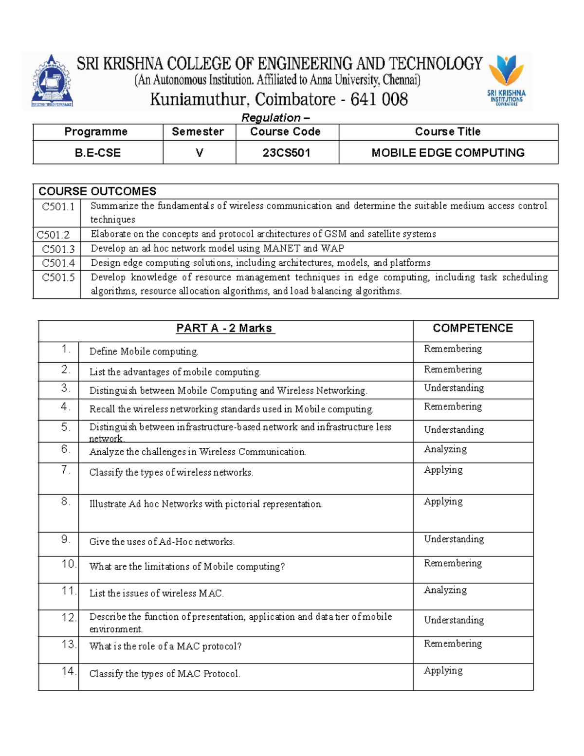 MEC Question Bank - V 23CS501 Mobile Edge Computing Exam Prep - Studocu