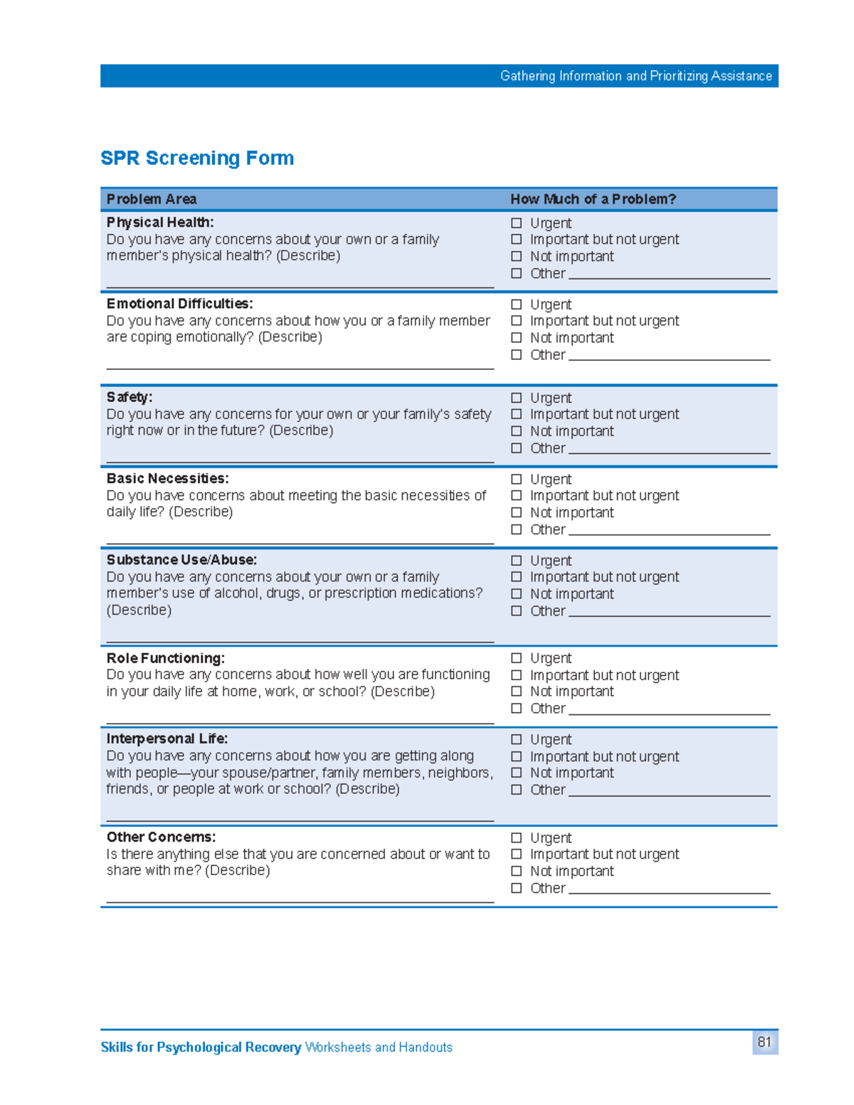 Appendix A SPR Screening Form - Skills for Psychological Recovery Worksheets and Handouts 81 ...