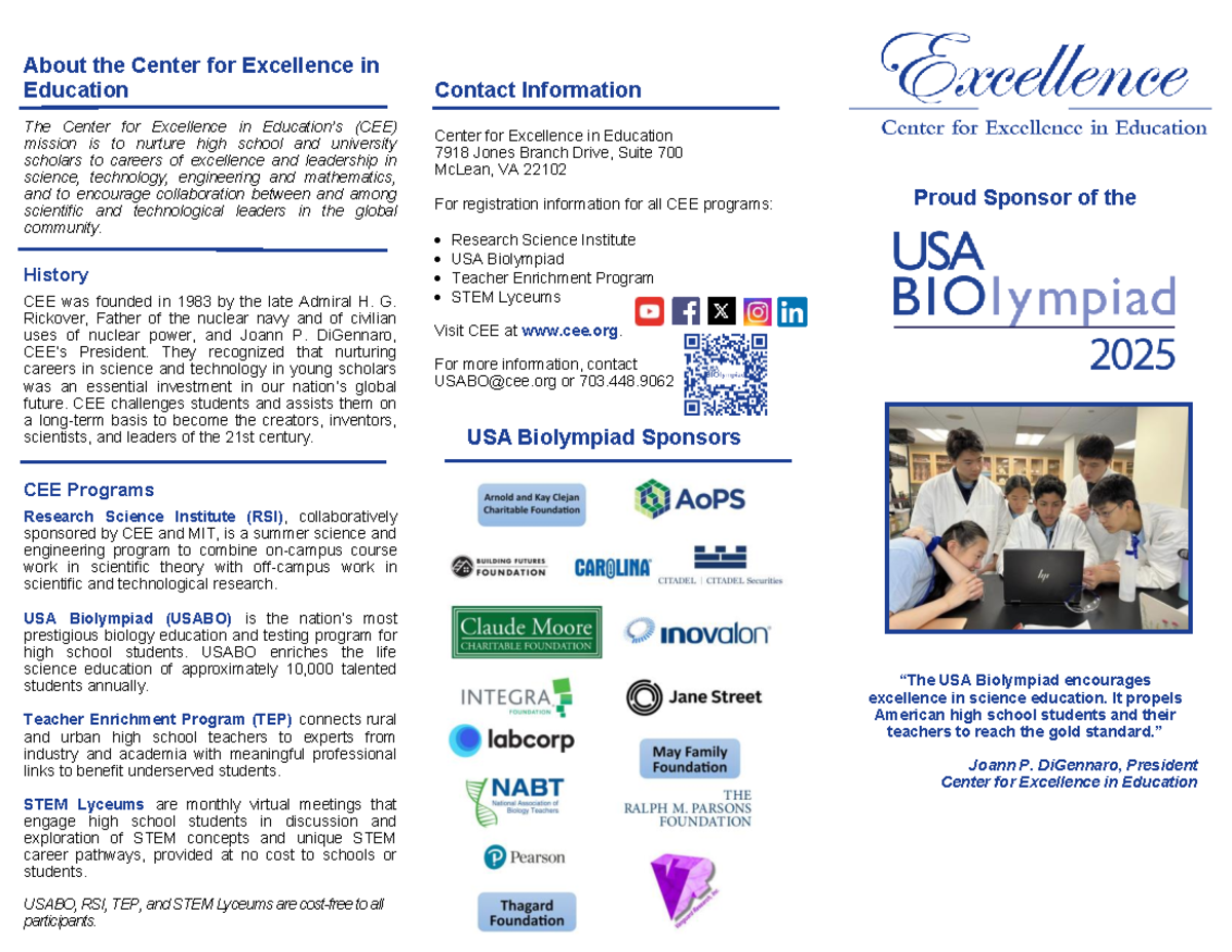 USABO Brochure: Center for Excellence in Education Overview - Studocu