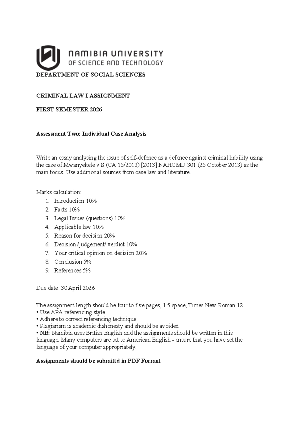 Criminal Law I Assignment: Case Analysis of Mwanyekele v S (2026) - Studocu