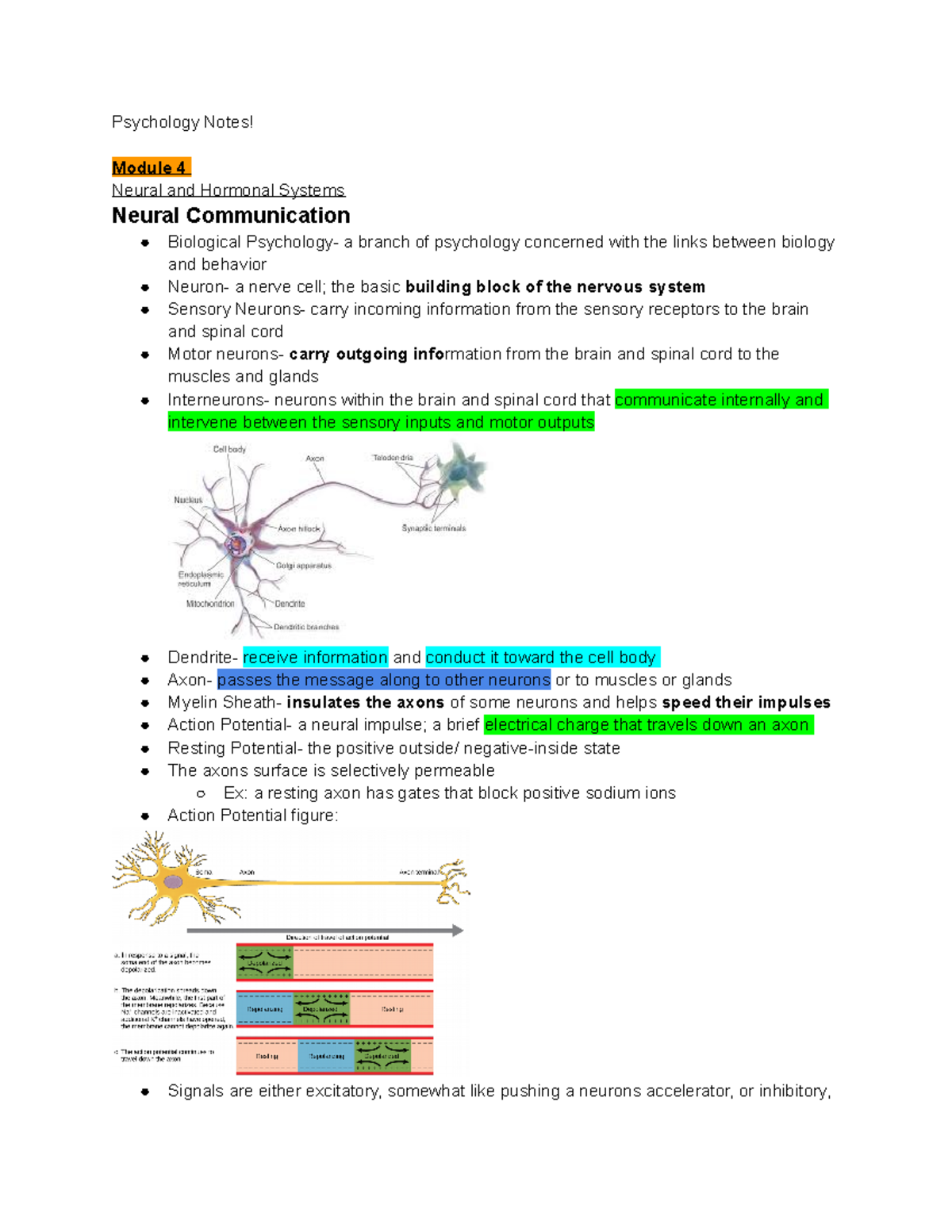 Psychology Notes - Psychology Notes! Module 4 Neural and Hormonal ...