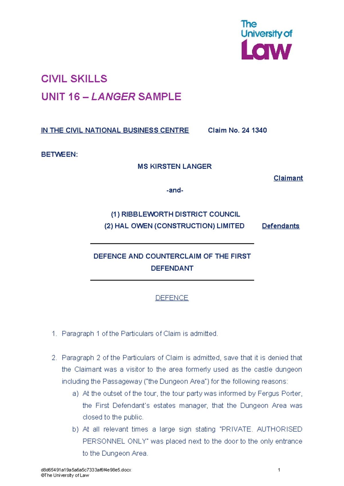 CIVIL SKILLS UNIT 16: DEFENCE & COUNTERCLAIM IN LANGER CASE - Studocu