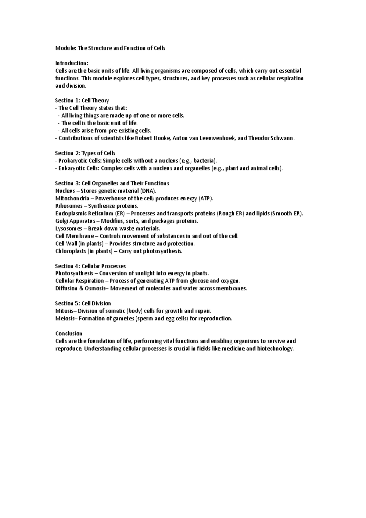 Module: The Structure and Function of Cells - Key Concepts and ...