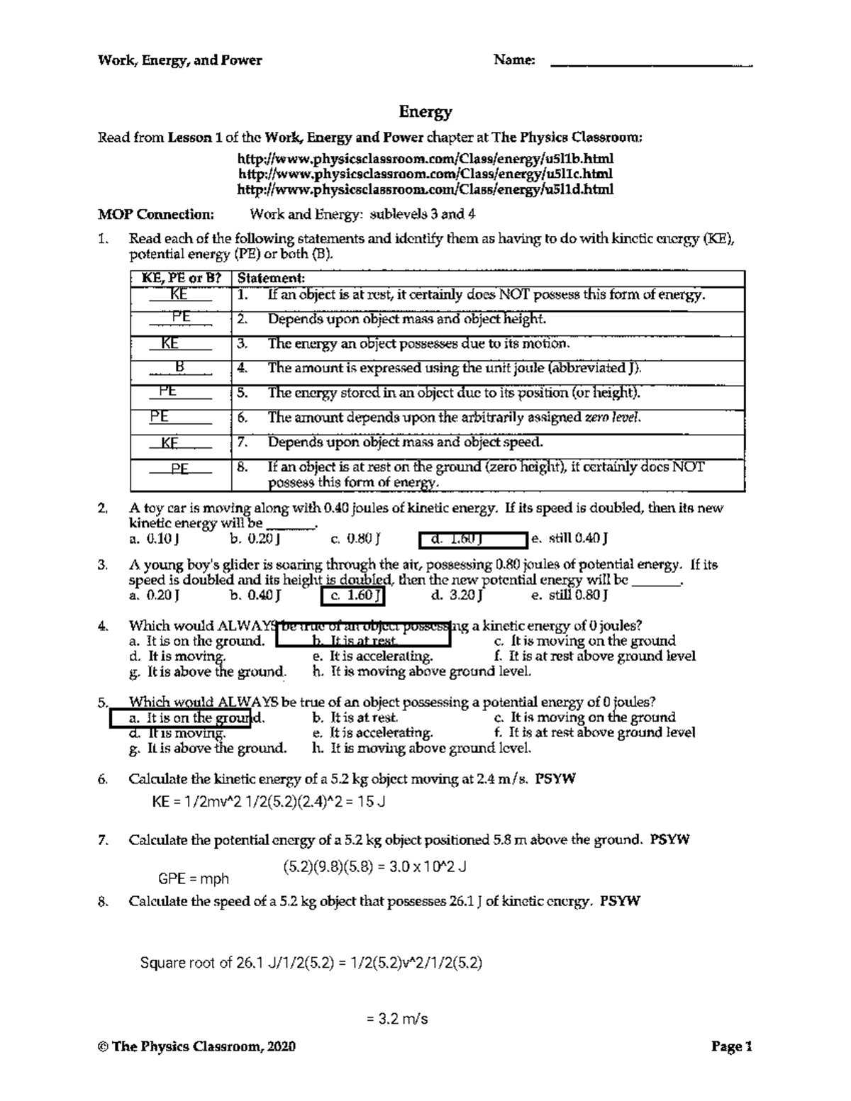 Energy worksheet - Work, Energy, and Power Name: Energy Read from ...