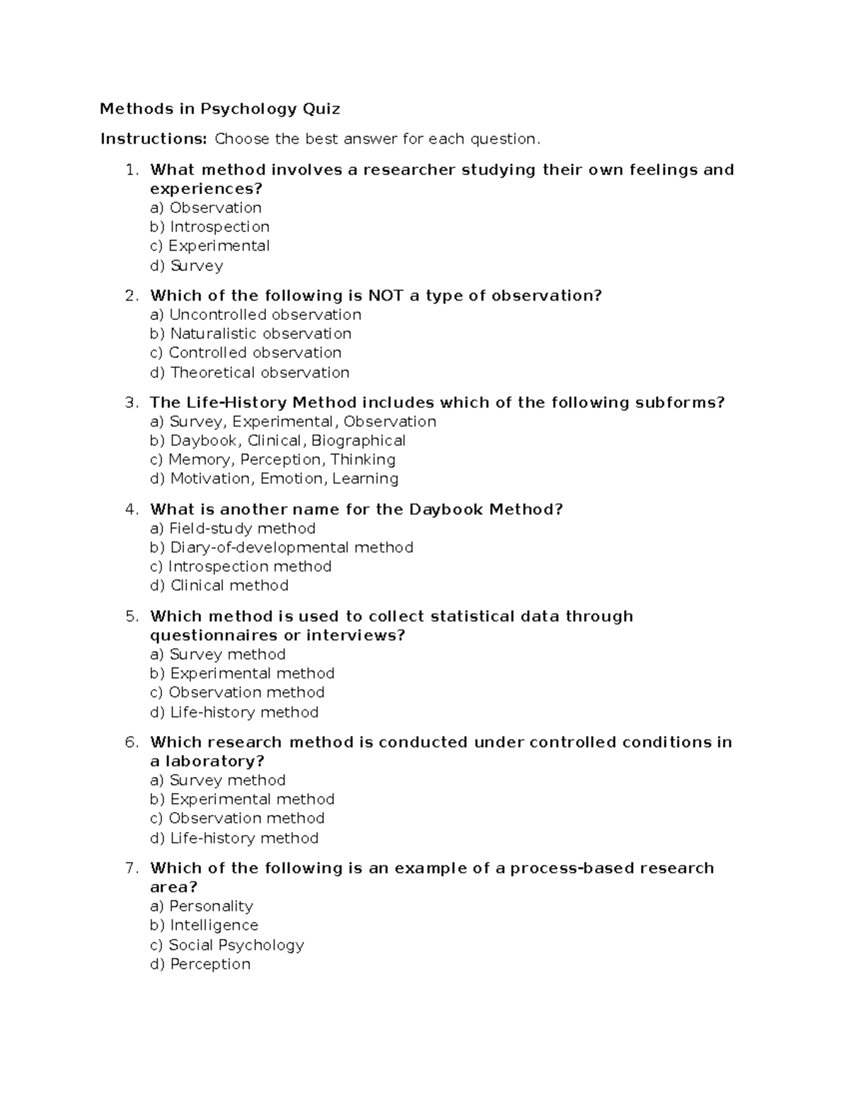 Methods in Psychology Quiz - Key Concepts & Research Techniques - Studocu