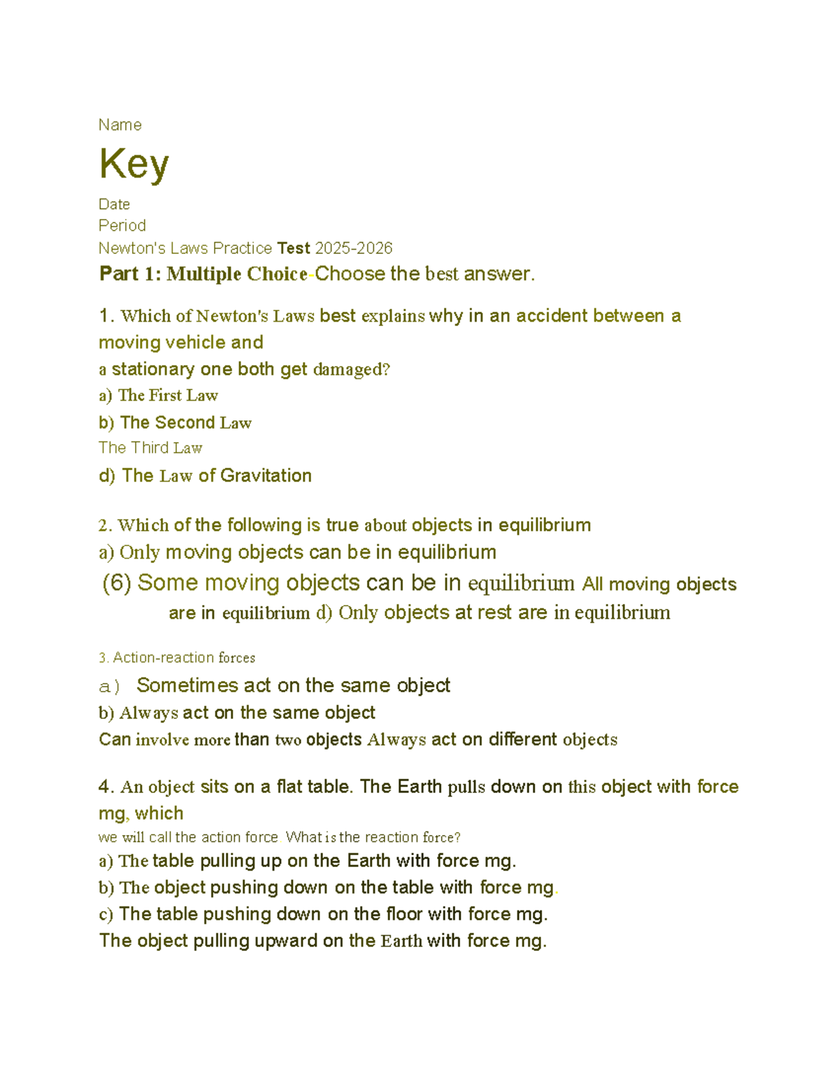 A K Laws Practice Test Part 1: Answer Key and Solutions - Studocu