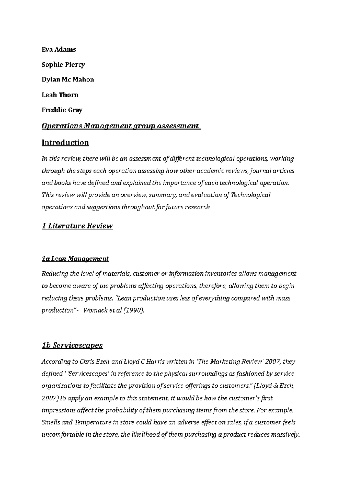 Operations Managment Assignment - Eva Adams Sophie Piercy Dylan Mc ...