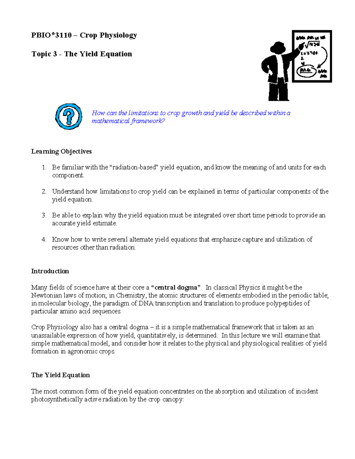 Topic 3 - The Yield Equation in Crop Physiology: Understanding ...