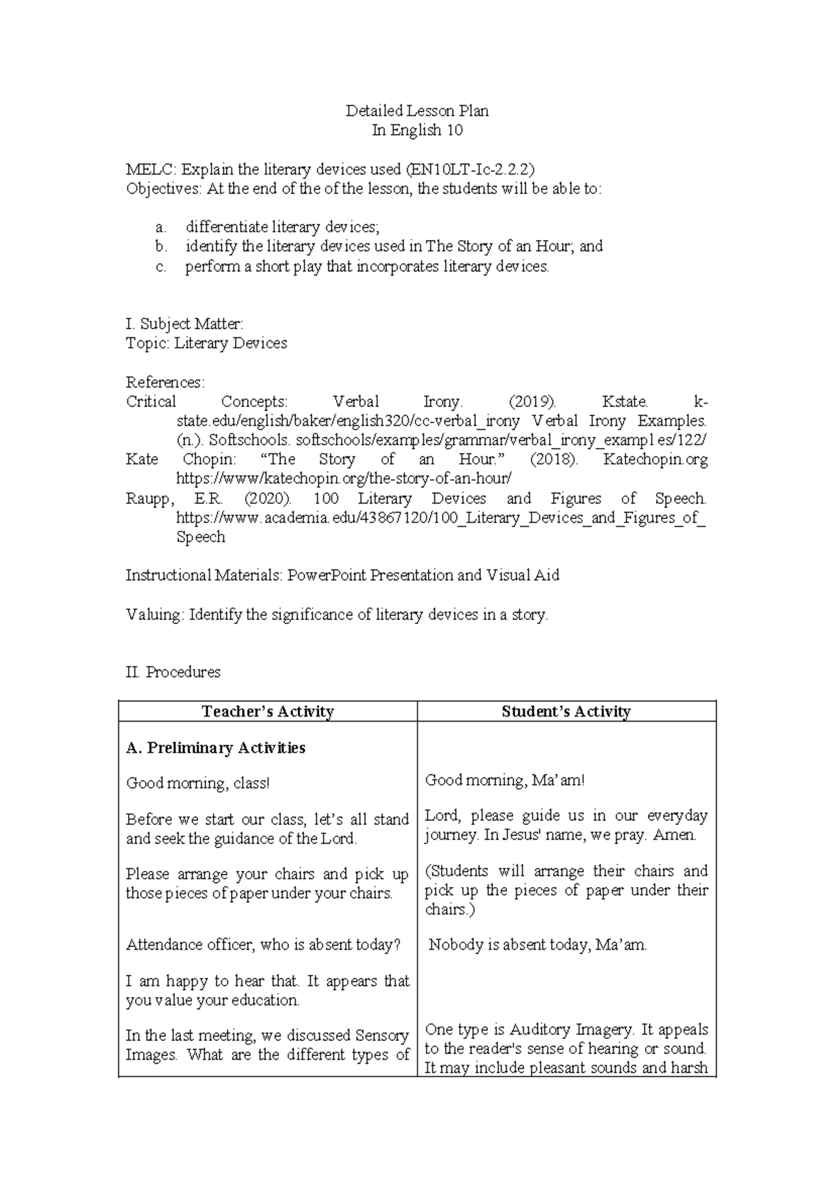 Detailed Lesson Plan: Literary Devices in EN10 - "The Story of an Hour ...
