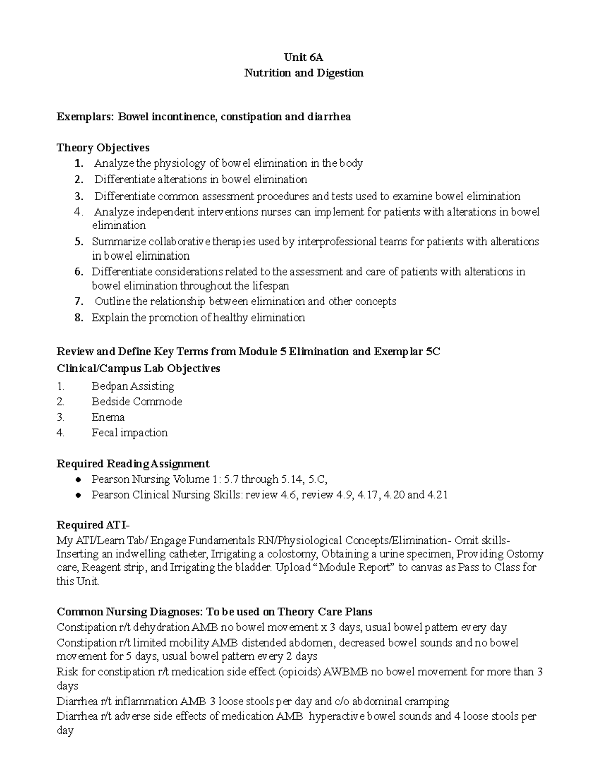 Unit 6A Final Exam Notes: Bowel Elimination and Patient Care - Studocu