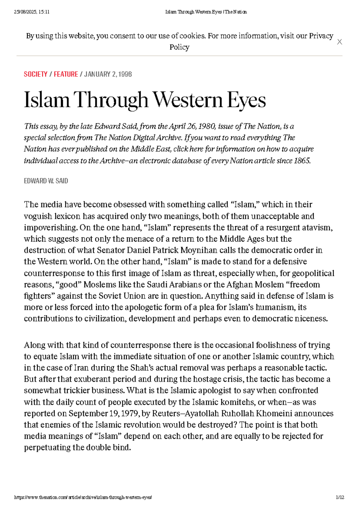 SOCI 15:11 Islam Through Western Eyes: Analyzing Orientalism - Studocu