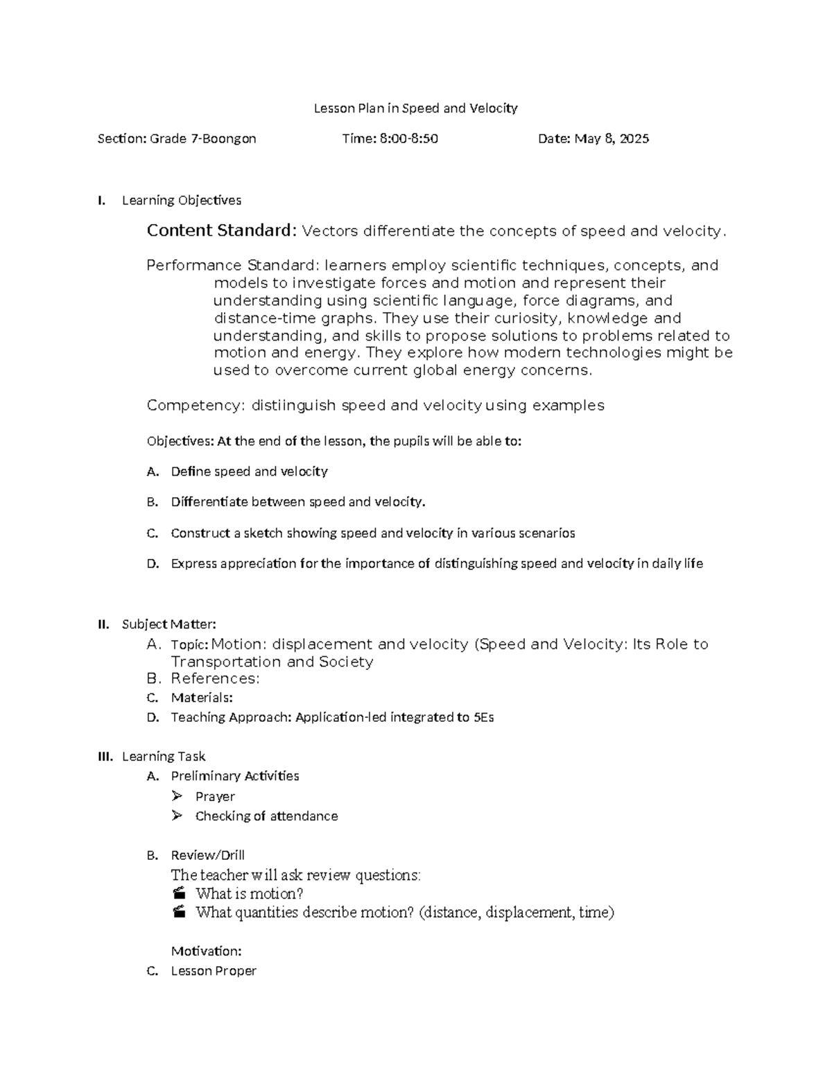Grade I Lesson Plan: Understanding Speed and Velocity Concepts - Studocu