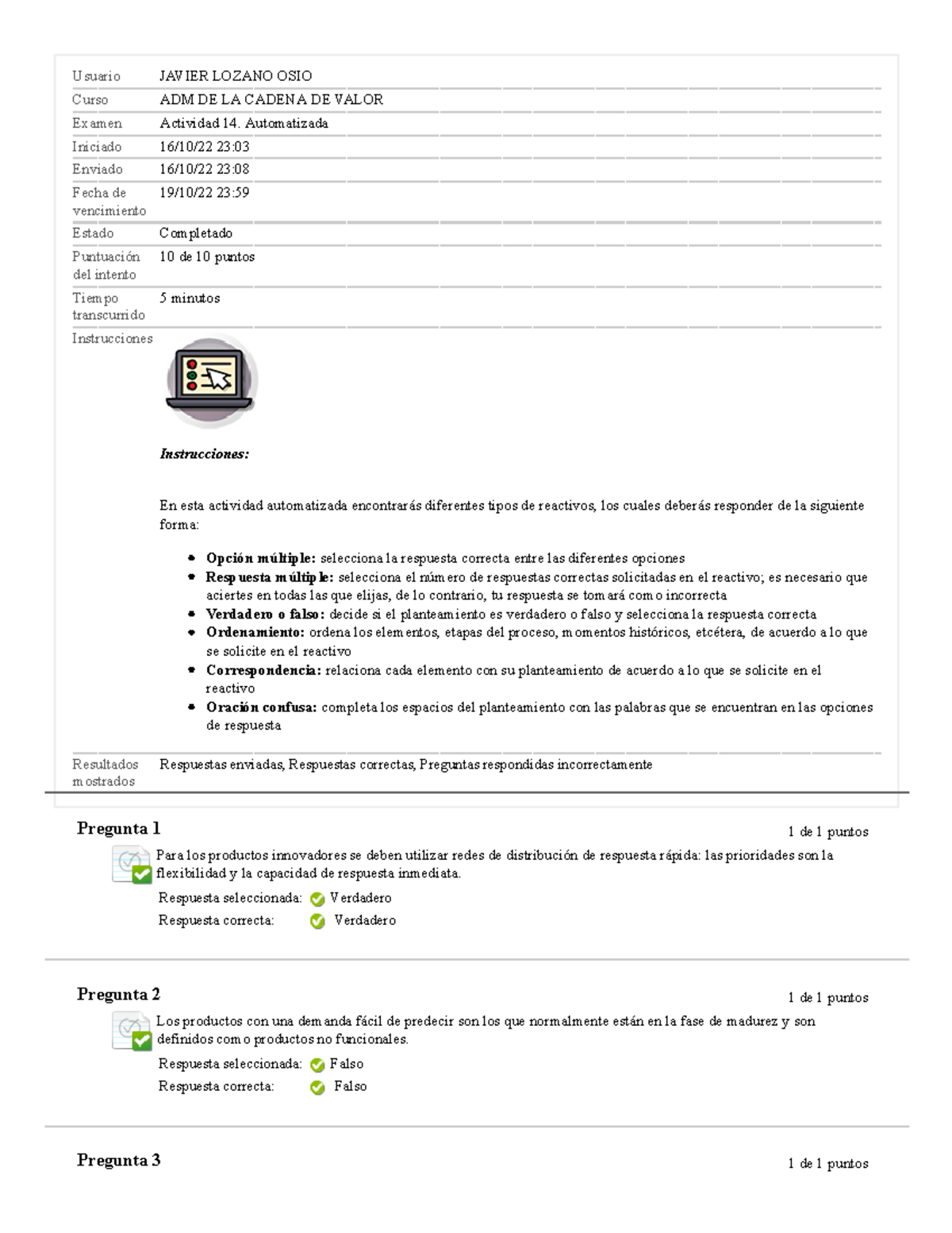 Actividad 14. Automatizada – - Usuario JAVIER LOZANO OSIO Curso ADM DE LA CADENA DE VALOR Examen ...