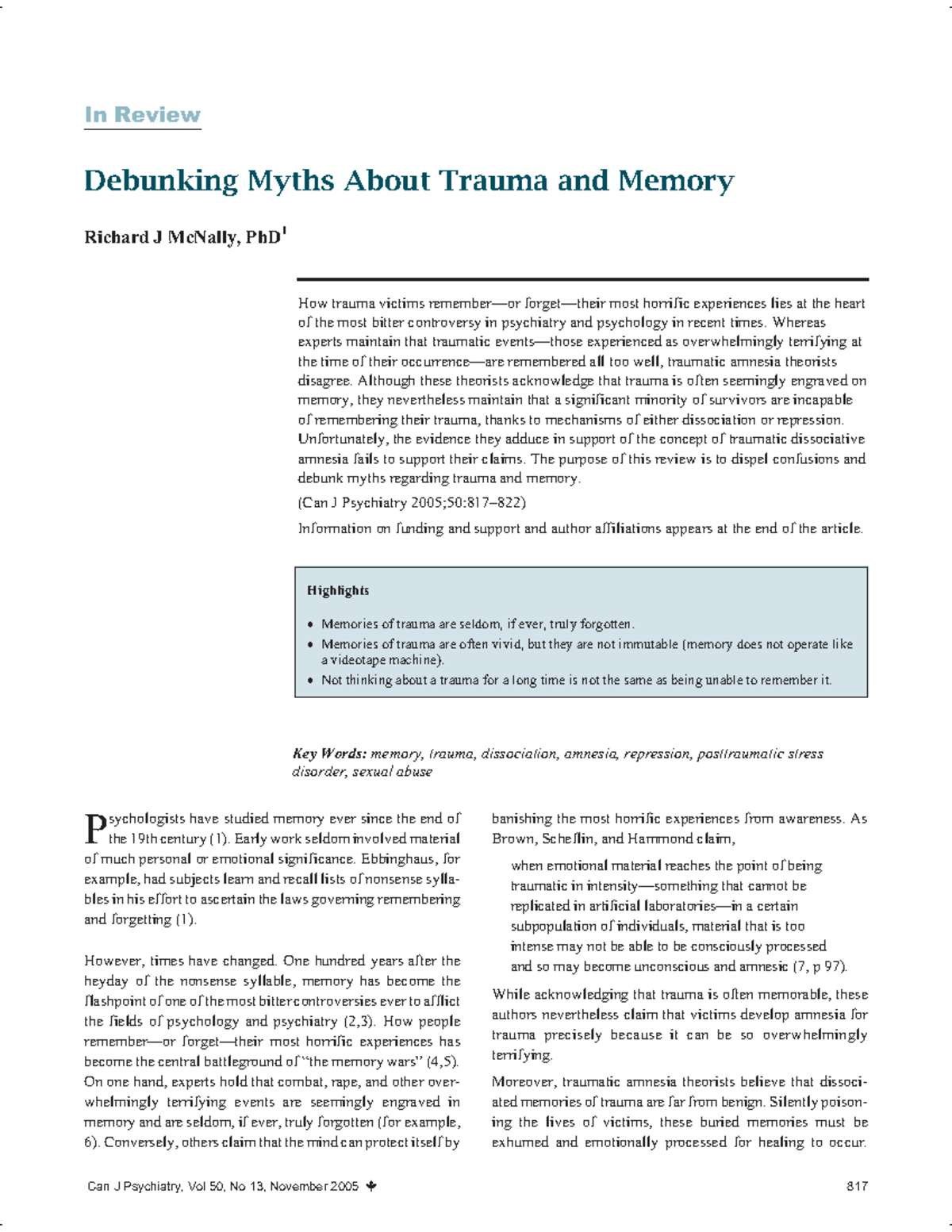 Mcnally-2005-debunking-myths-about-trauma-and-memory - In Review ...