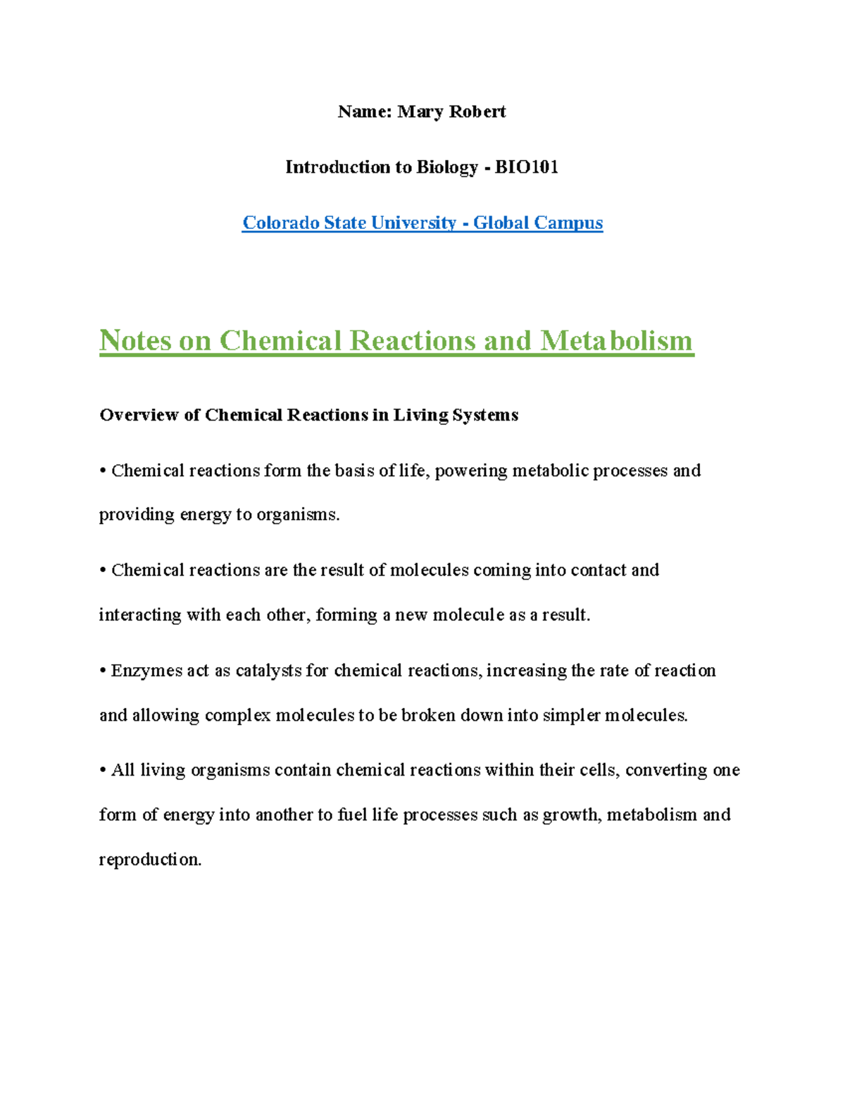 BIO Final Exam Notes: Chemical Reactions and Metabolism Overview - Studocu