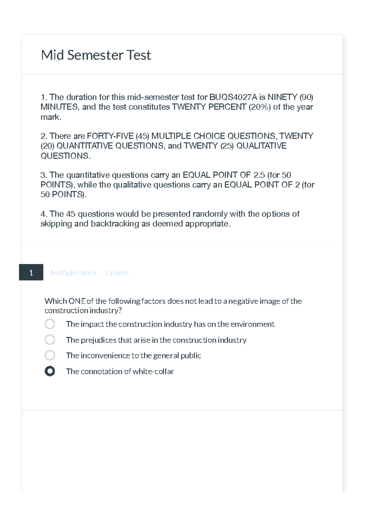 BUQS4027A 2022 Mid-Semester Test: Structure & Question Breakdown - Studocu