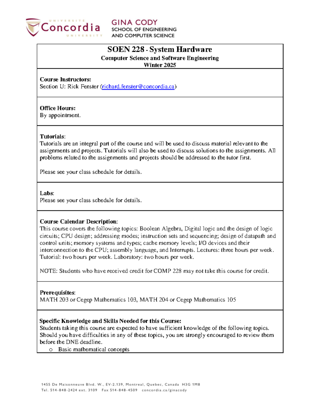 SOEN 228 - System Hardware Course Outline Winter 2025 Section U - Studocu