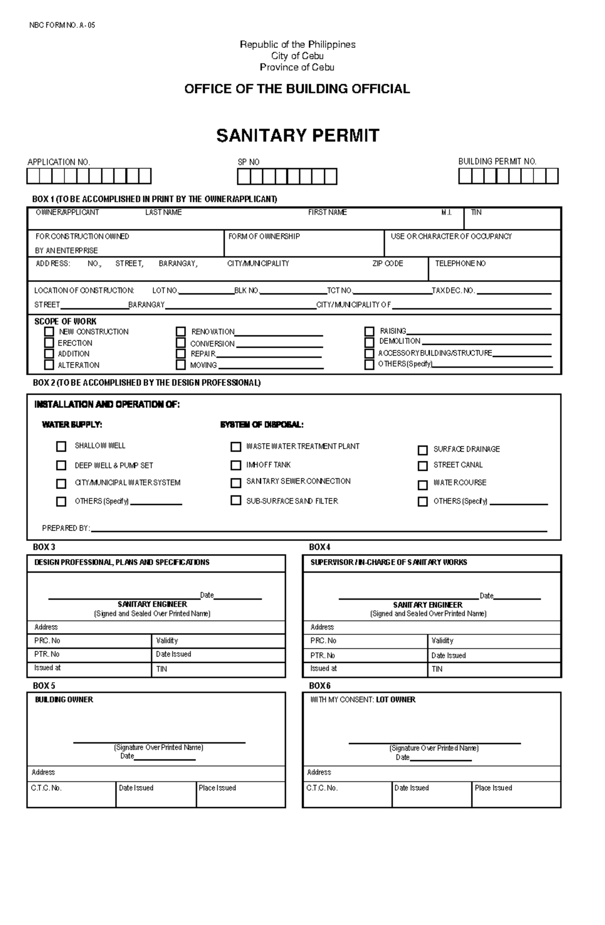 Sanitary-Permit-word - ####### NBC FORM NO. A- 05 Republic of the ...