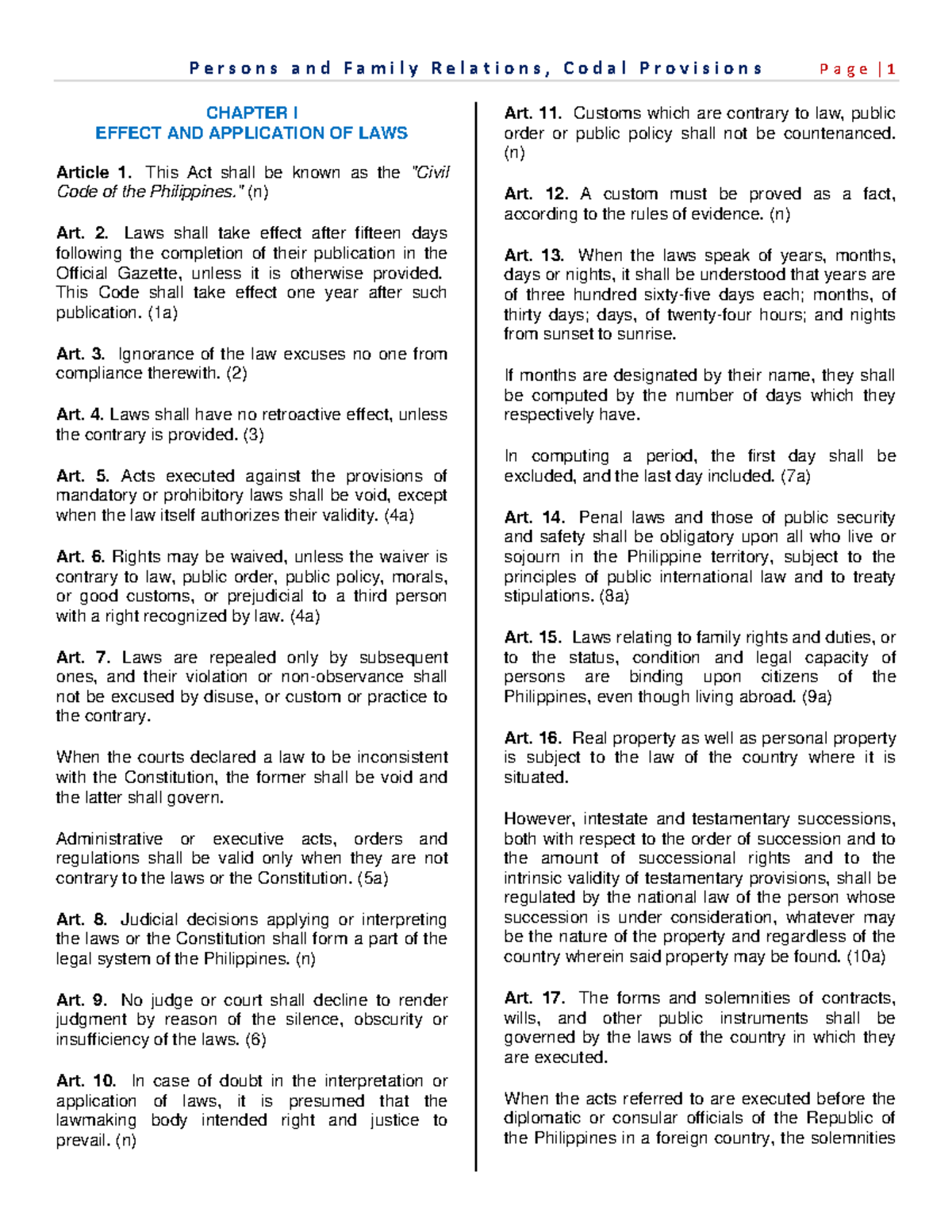 Persons and Family Relations: Codal Provisions Overview (CIVIL CODE ...