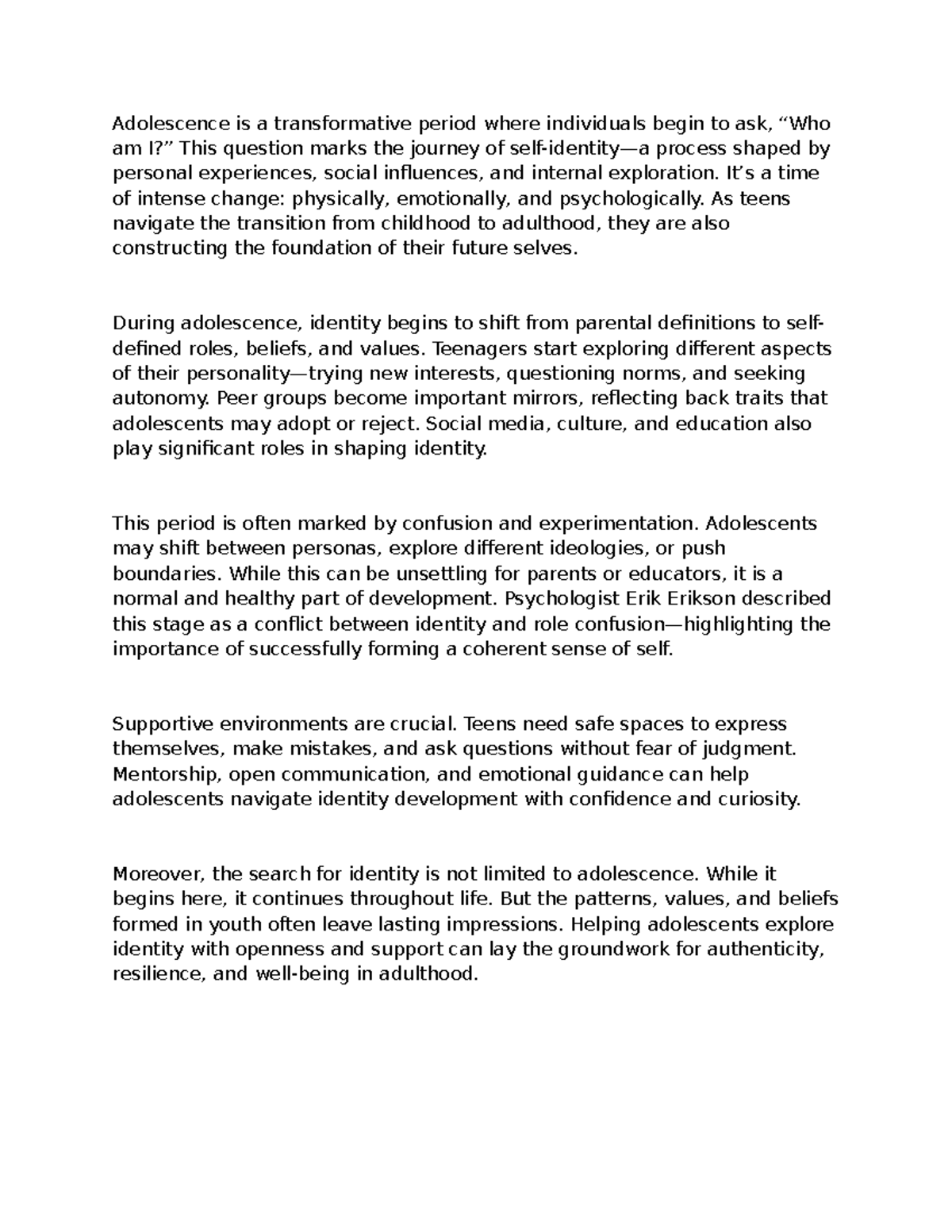 The Development of Self-Identity in Adolescence - Adolescence is a ...