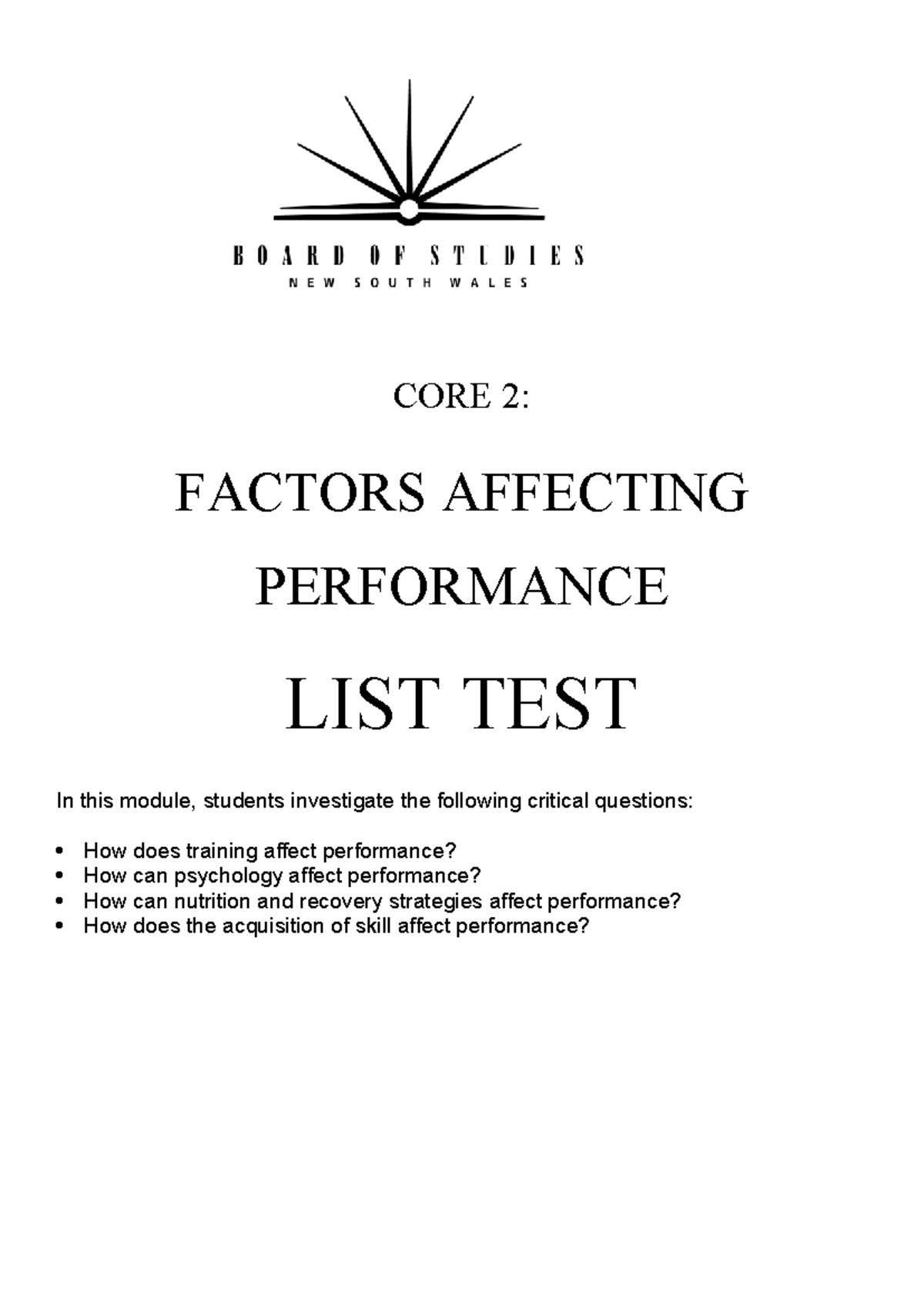 CORE 2: Factors Affecting Performance - List Test Overview - Studocu