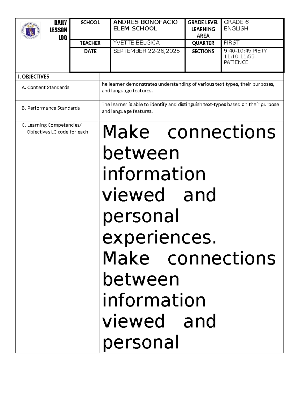 DLP English Lesson Log: Grade 6 - Films & Language Features - Studocu