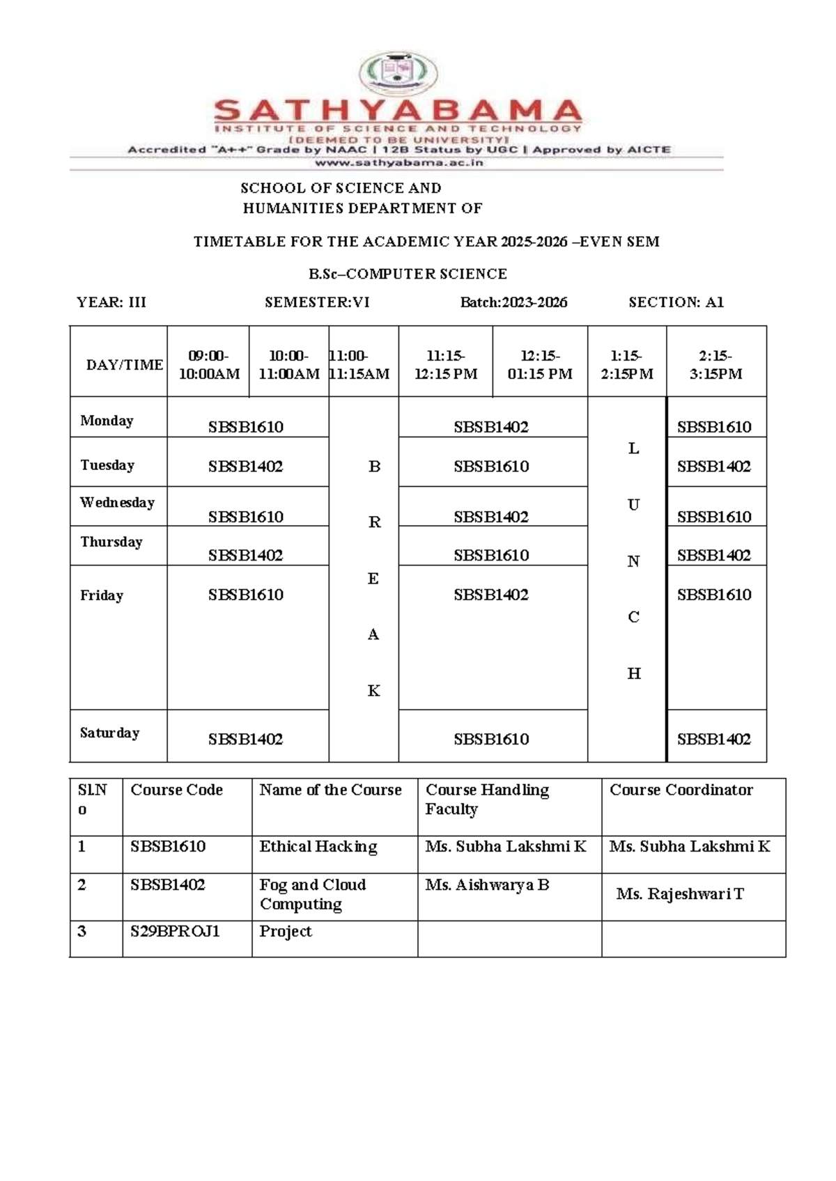 Final Year Timetable for Computer Science (SBSB1610, SBSB1402) 2025 ...