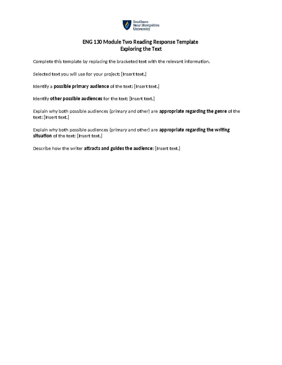 ENG 2.1 Module - ENG 130 Module Two Reading Response Template Exploring the Text Complete this ...
