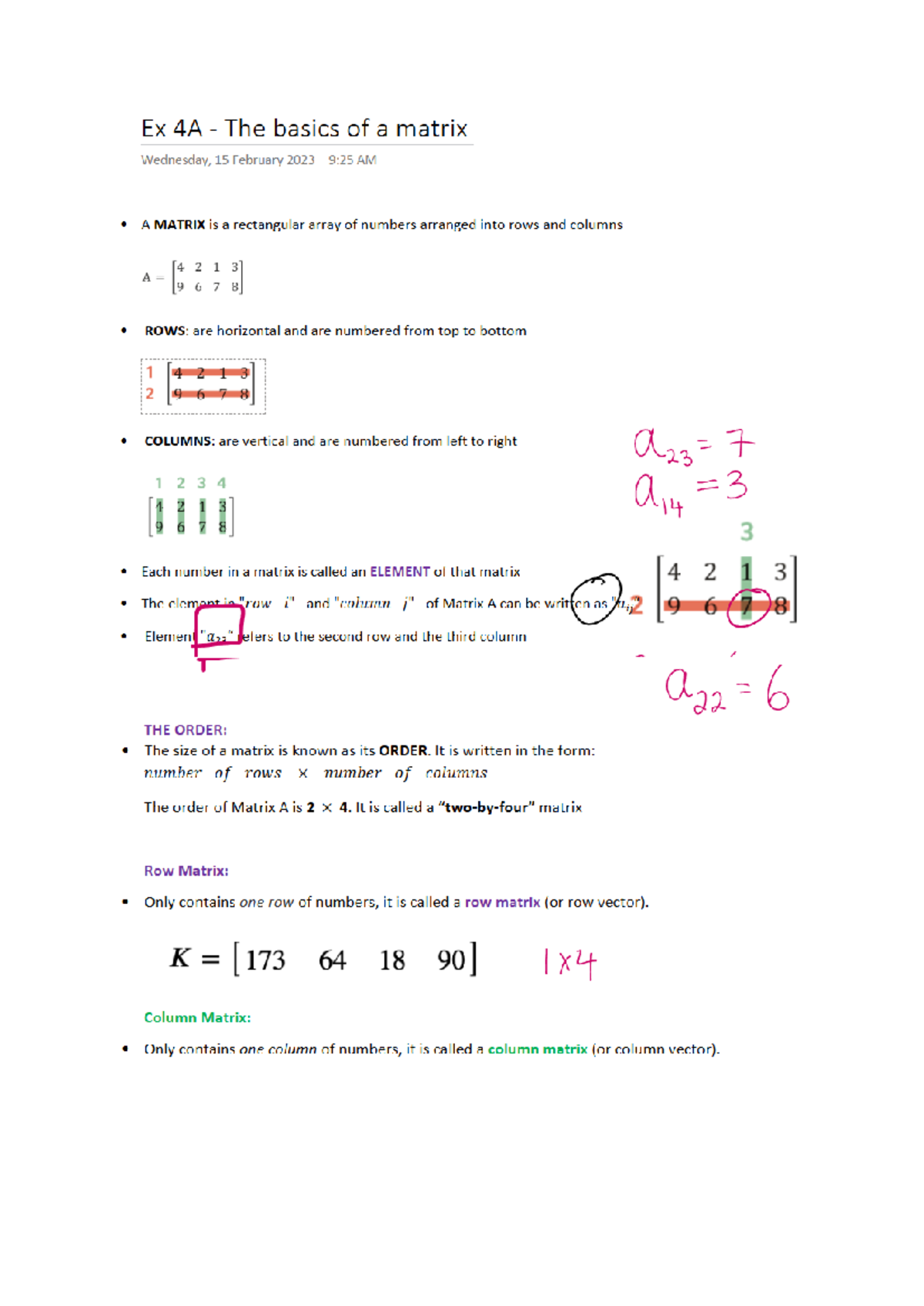 Ex 4A Matrix Basics: Understanding Rows, Columns, and Orders - Studocu